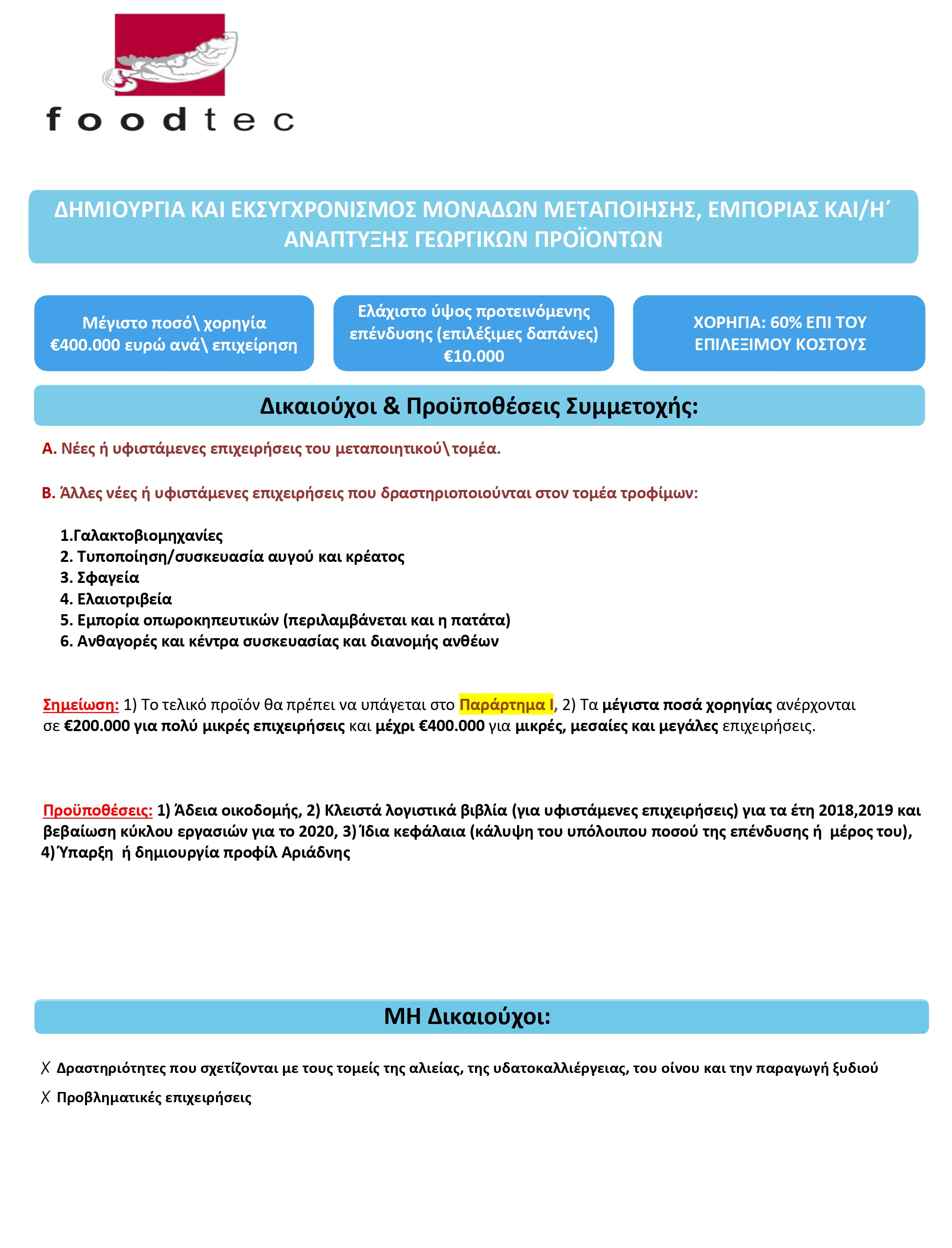 ΣΧΕΔΙΟ ΕΠΙΧΟΡΗΓΗΣΗΣ ΣΤΗ ΜΕΤΑΠΟΙΗΣΗ Ή/ΚΑΙ ΕΜΠΟΡΙΑ ΓΕΩΡΓΙΚΩΝ ΠΡΟΪΟΝΤΩΝ ...